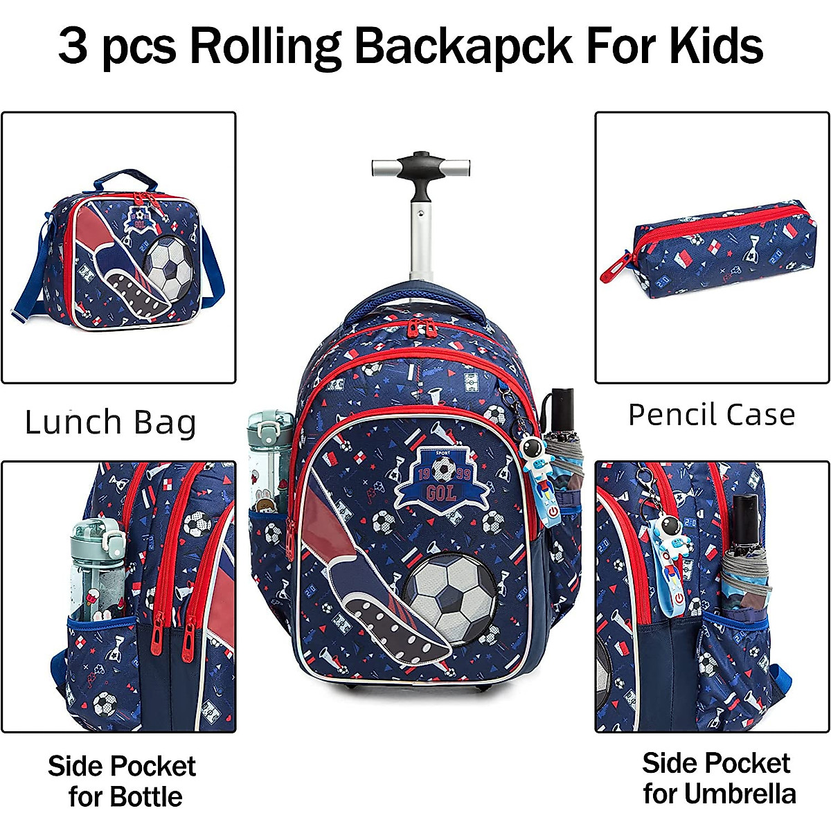 MOHCO Rolling Backpack 18 inch with Lunch Bag and Pencil Case Wheeled School Backpack for Boys and Girls (Love)