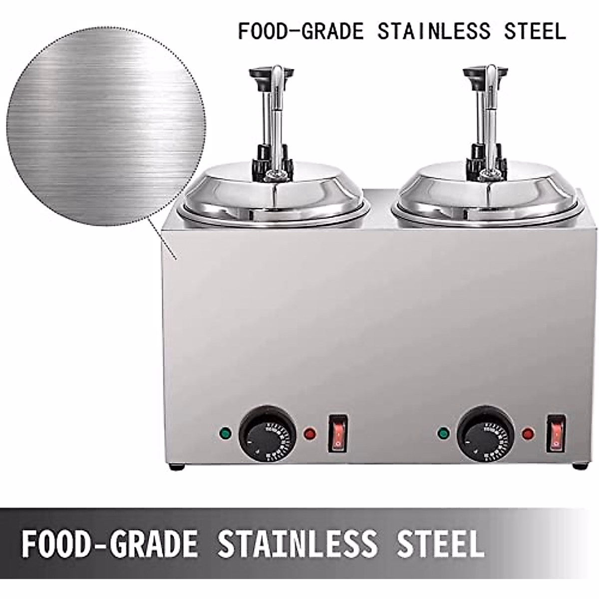 ANSNAL Commercial Hot Fudge Warmer, 1600W Cheese Sauce Warmer Pump Dispenser, 2 Grids Stainless Steel Food Warmer Chocolate Heated Pump for Hot Fudge Caramel Butter