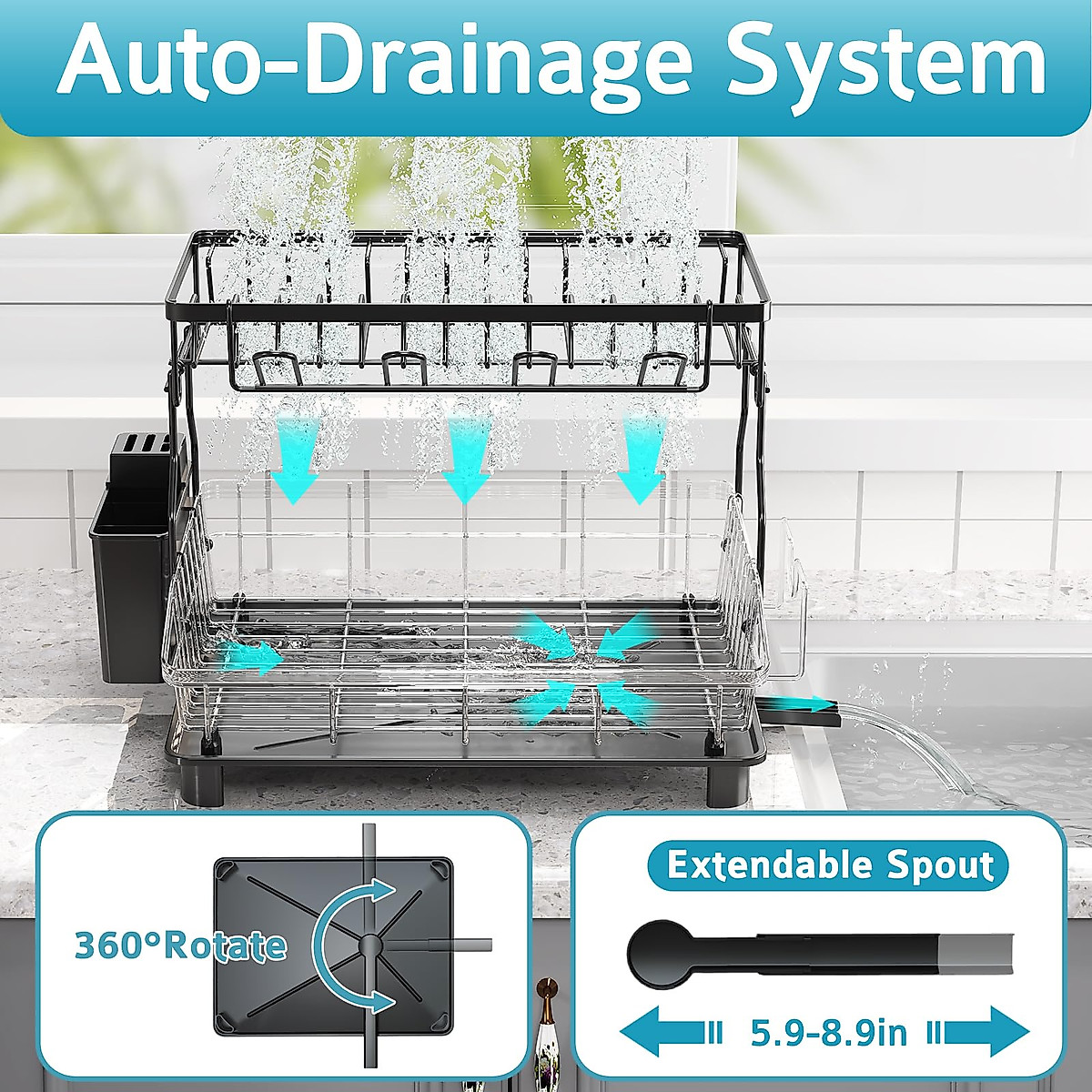 Ricobes Dish Drying Rack - 2 Tier Large Capacity Dish Rack- Dish Racks for Kitchen Counter with Drainboard, Rustproof Dish Drainer with Removable Utensil Holder,Cutting Board Holder,Cup Holder, Black