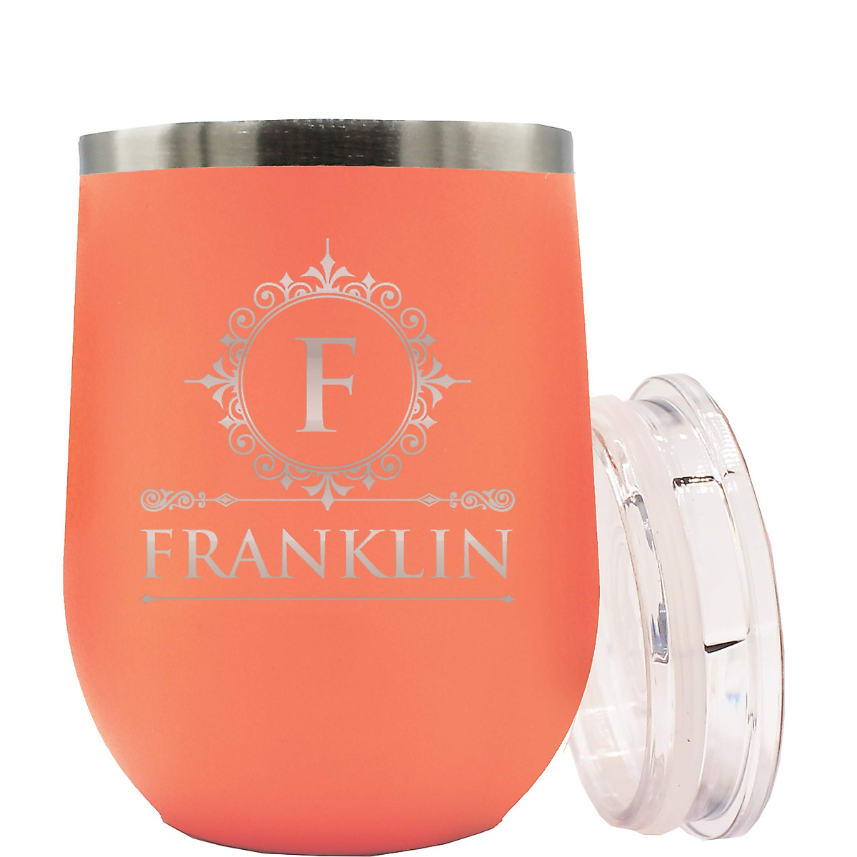 The Wedding Party Store Personalized 12 oz Insulated Stemless Wine Tumbler - Custom Engraved and Monogrammed (Coral)