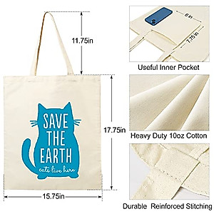 LotFancy Canvas Tote Bag for Women, Large Cute Tote Bag with Inner Pocket, Double Printed Reusable Grocery Bag for Beach School Travel, Book Tote Bags (CAT SAVE THE EARTH)