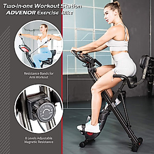 ADVENOR Exercise Bike Magnetic Fitness Bike Cycle Folding Stationary Bike Arm Resistance Band Workout Backrest Extra-Large Seat Cushion Indoor Home Use (2 in 1 Standard Edition, black)