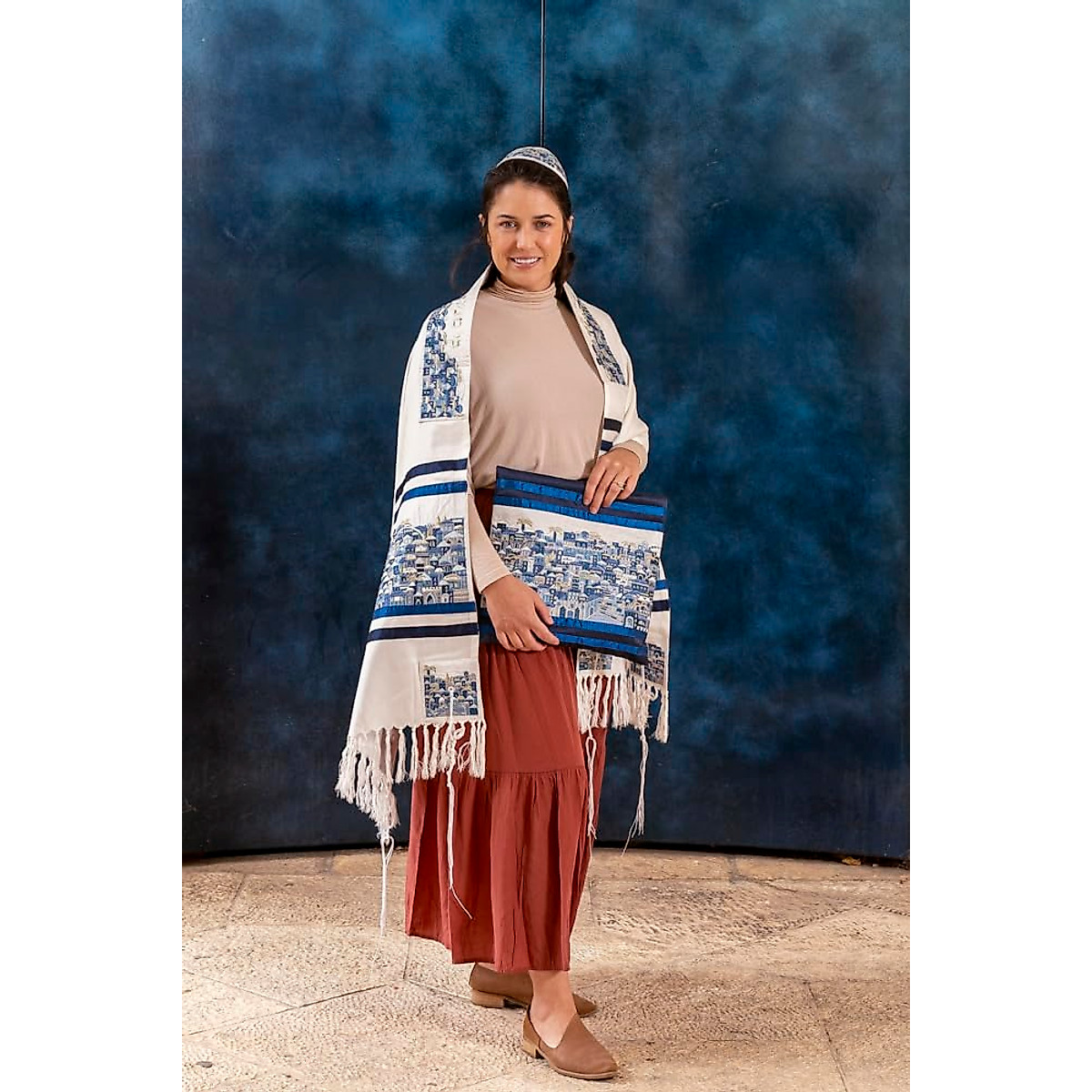 Yair Emanuel Premium Tallit Silk Embroidered Jerusalem Vista | Blue and White Tallis Prayer Shawl