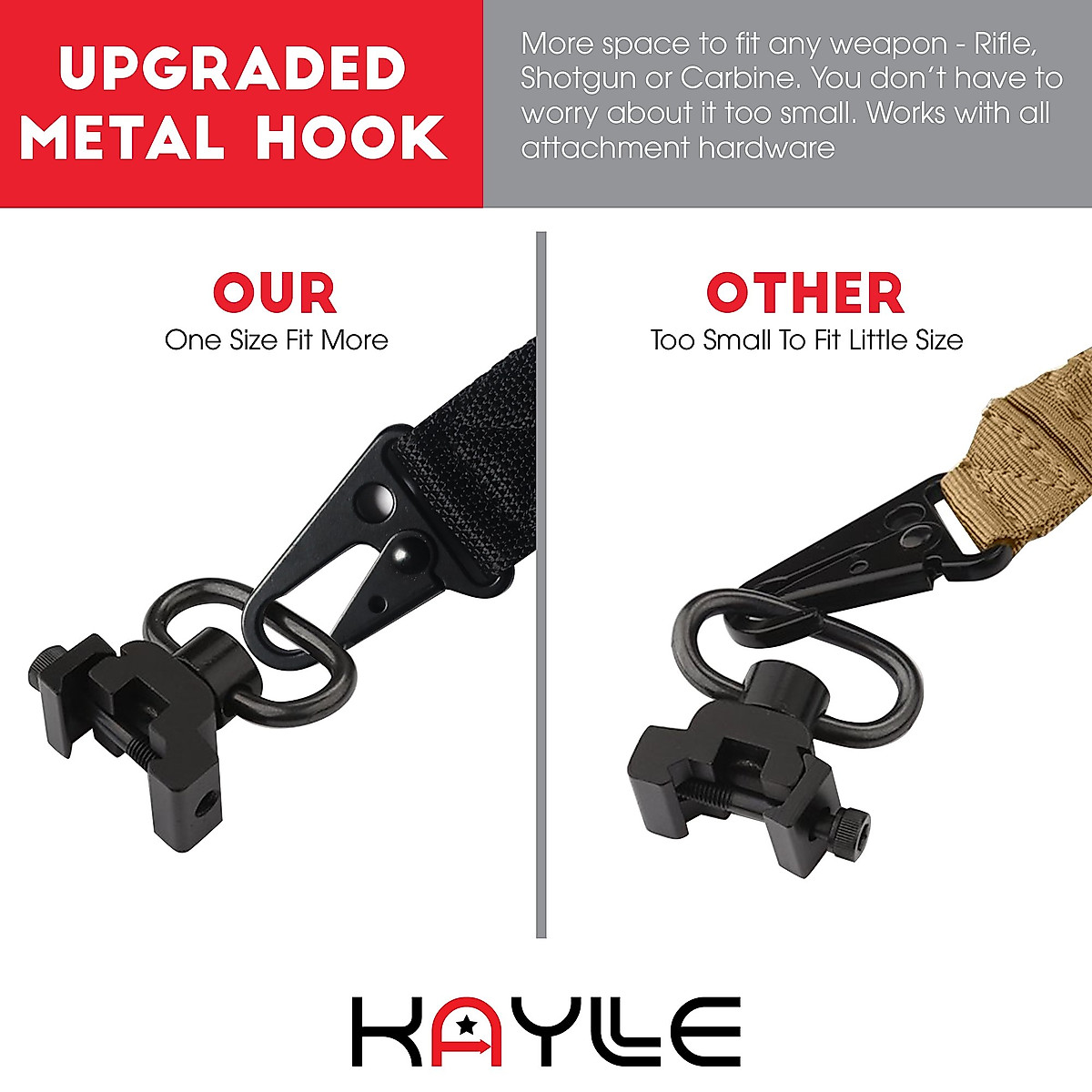 KAYLLE 2-Point Rifle Sling Mount - Premium Shotgun Sling with Upgraded Metal Hook Fits Any Weapon - Durable & Quick Length Adjust - Multi Use for Hunting, Sniper, Shooting (Black)