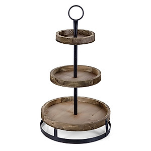 SOFFEE DESIGN 3 Tier Farmhouse Serving Tray, Wooden Table Tiered Serving Tray with Metal Round Decoration Handle for Cup Cakes, Cookie, or Jewelry Display for Kitchen Office