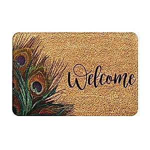 THIYOTA Welcome Mats for Front Door Entry Welcome Peacock Feather Doormat Nature Doormat Welcome Rug Housewarming Gift Front Door Decor Doormat Non Slip Mat for Home Indoor Rugs Patio 17x30 Inch