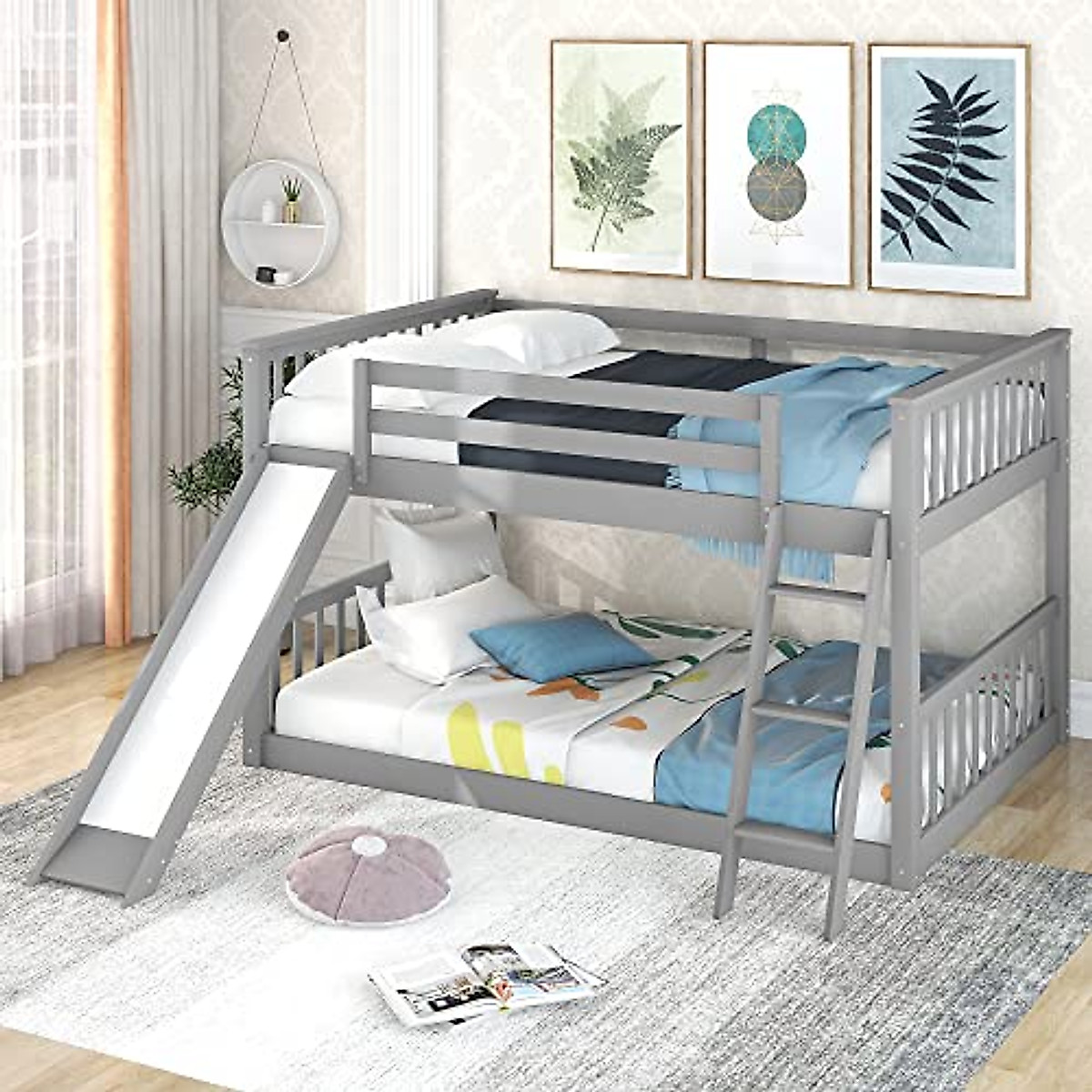 GLORHOME Full Over-Full Wood Bunk Bed with with Convertible Slide and Ladder, Solid Slat Support Bedframe for Kids Teens Bedroom, No Box Spring Needed, Grey