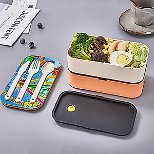 Corlorful Park Adult Lunch Box, Bento Box, With Cutlery Set Of 3, 2 Compartments, Rectangular, Lunch Box For Adults