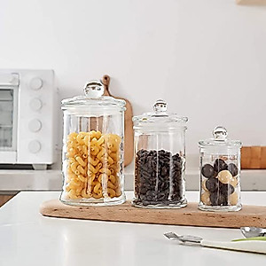 KMwares 3PCs Set Small Mini Clear Glass Premium Quality Apothecary Jars with lids Bathroom Accessories Set for Bathroom Laundry Room Storage or Kitchen / Vanity Organizer Canisters for Cotton Balls / Swabs, Makeup Sponges, Bath Salts, Q-Tips (Clear)