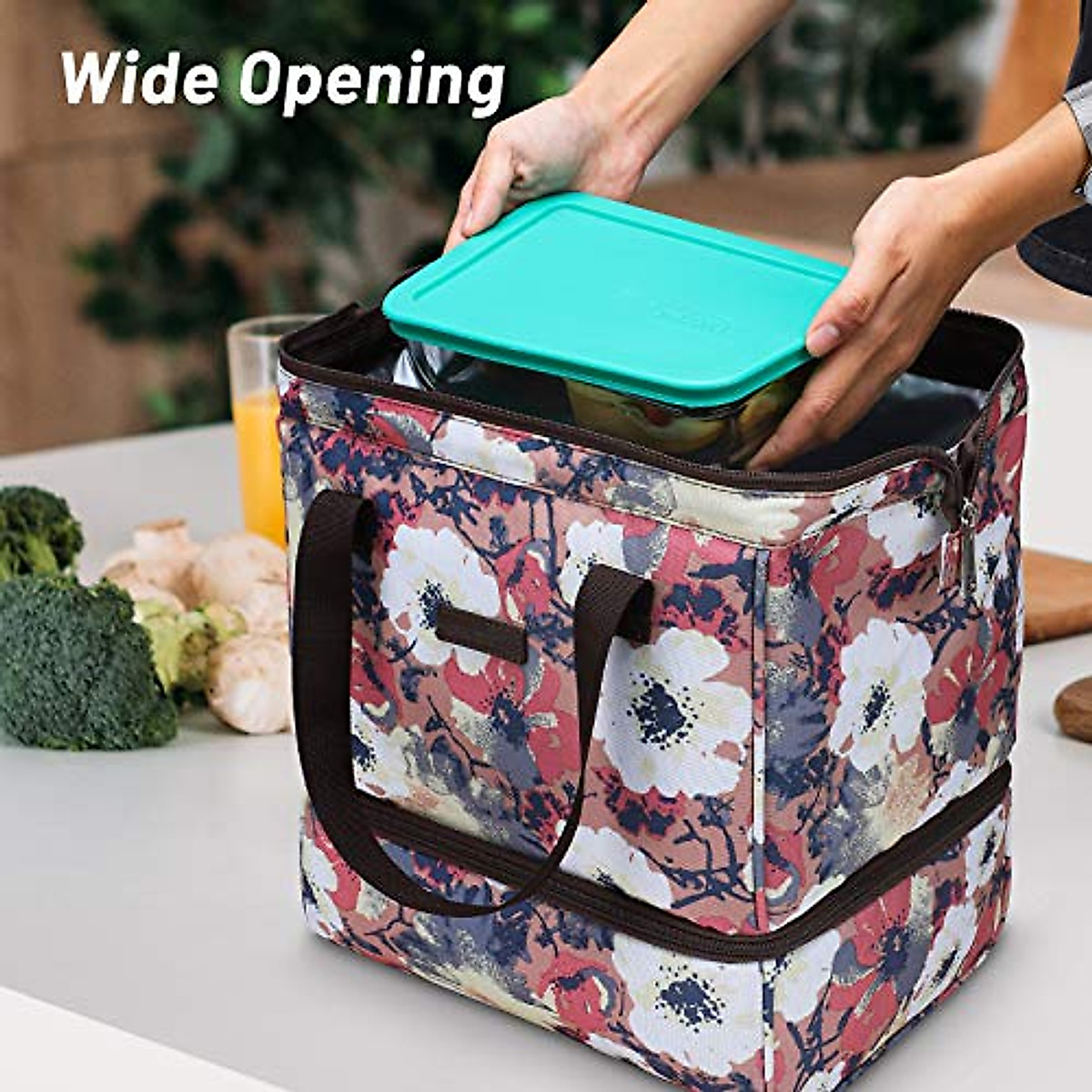 MIER Womens Small Lunch Box Bag Insulated Lunch Cooler Bags Cute Leak Proof Meal Prep Lunchbox with Pockets for Work Daytrip, Double Deck, Floral Anemone
