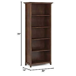 SIMPLIHOME Amherst SOLID WOOD 70 inch x 30 inch Transitional 5 Shelf Bookcase in Russet Brown with 5 Shelves, for the Living Room, Study and Office