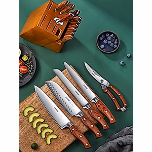 Knipan Kitchen Knife Sets with Block, 16PCS Professional Stainless Steel Forged Chef Knife Block Set, Ultra Sharp Knives with Wood Handle, Brown