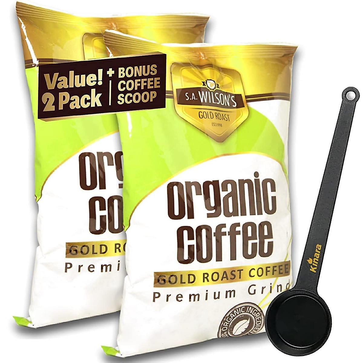 Organic Coffee Enema Coffee Gold Coffee Enema Organic High Caffeine Coffee (44 Higher Caffeine) by S.A. Wilson Enema Coffee 2-Pack with Kinara Coffee Scoop, 3 Piece Set