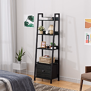 Furologee 5-Tier Ladder Shelf, Narrow Ladder Bookshelf with Drawer, 55.6”Tall Industrial Bookcase Storage Rack Organizer, Freestanding Storage Shelve for Living Room, Home Office, Bedroom, Black Oak