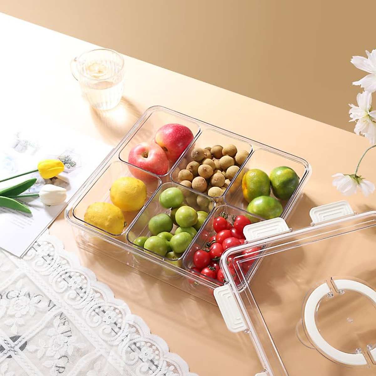 Divided Serving Tray with Lid Handle, Snackle Box Charcuterie Container, 6 Compartment Removable , Airtight Snack Box Container, BPA-Free Fruit Storage Container for Berry, Snack, Candy, Nuts