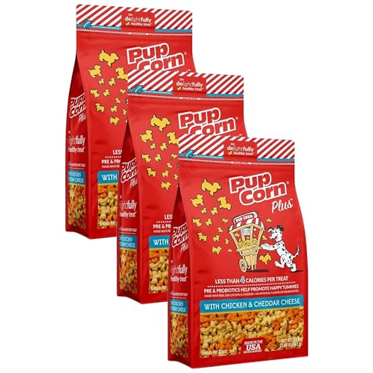 Pup Corn Plus - Puffed Dog Treats with Prebiotics and Probiotics - Chicken and Cheddar Cheese (4oz) - Made in USA (Pack of 3)