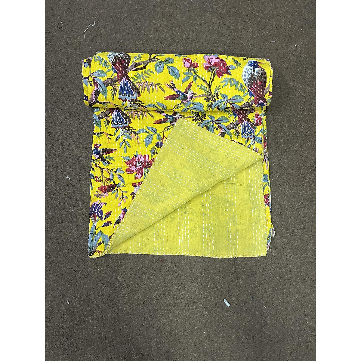 Birds Print Indian Cotton Hand Stitched Kantha Quilt Bedding Throw Bedcover Queen Size Blanket Home Decorative Gudari Bedspread KQ-49