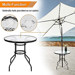VINGLI Patio Table with Umbrella Hole, 32" Round Outdoor Dining Table Steel Tempered Glass Patio Table Outdoor Table for Balcony Garden Deck