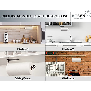 RTZEN Under Cabinet Paper Towel Holder - Wrought Iron Cute Black Farmhouse Decor Inside Cabinet or Under Counter - Paper Towel Holder for Kitchen or Under Sink Paper Towel Holder for Bathroom