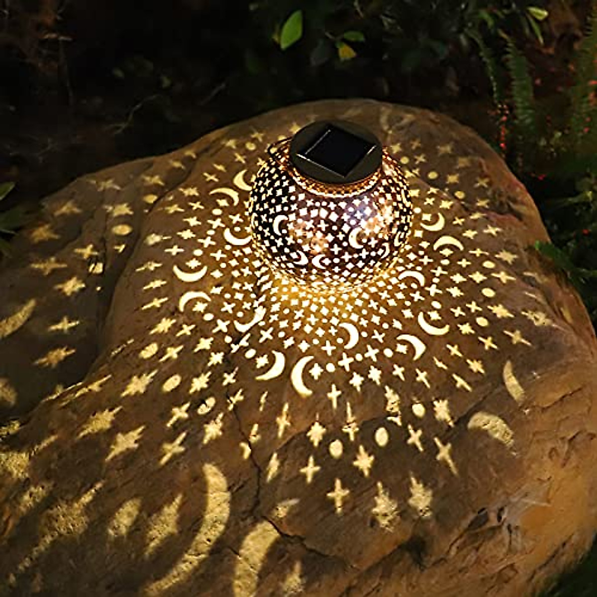 2Pack Solar Garden Lanterns Outdoor Hanging Lights Decorative Metal Moon Star Sun Solar Lanterns for Patio, Yard, Table, Pathway Decoration Waterproof (Bronze)