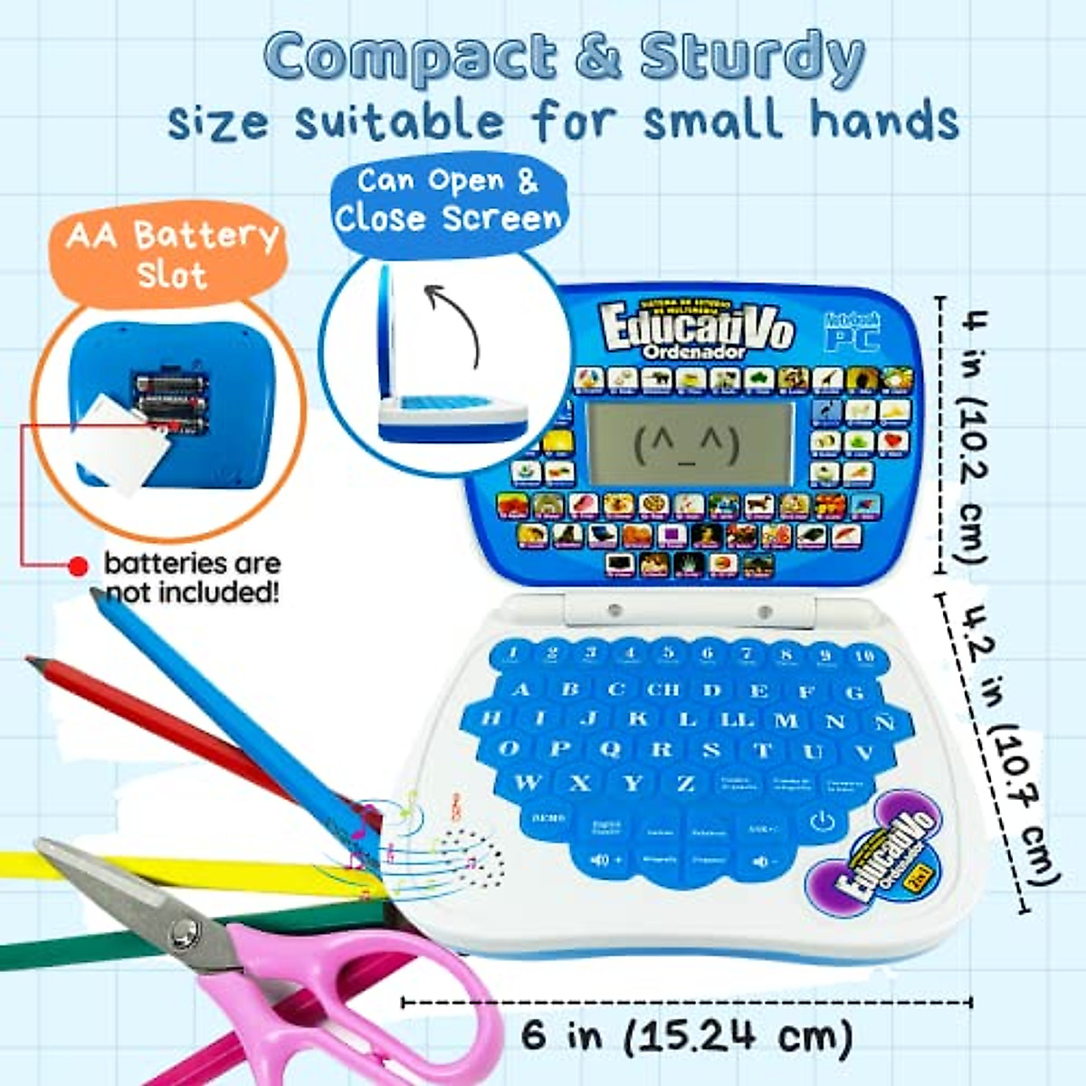 ZeenKind Bilingual Spanish English Learning Small Laptop Toy with Screen for Kids, Toddlers, Boys and Girls | Educational Computer to Learn Alphabet ABC, Numbers, Words, Spelling, Maths, Music.
