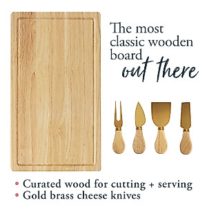 Cheese Board Wood Platter with Gold Brass Cheese Knife Set and Bonus Paper Decorations, Whitewash Wooden Charcuterie Server with Golden Knives (Cheese Board with Utensils and Paper Decor)