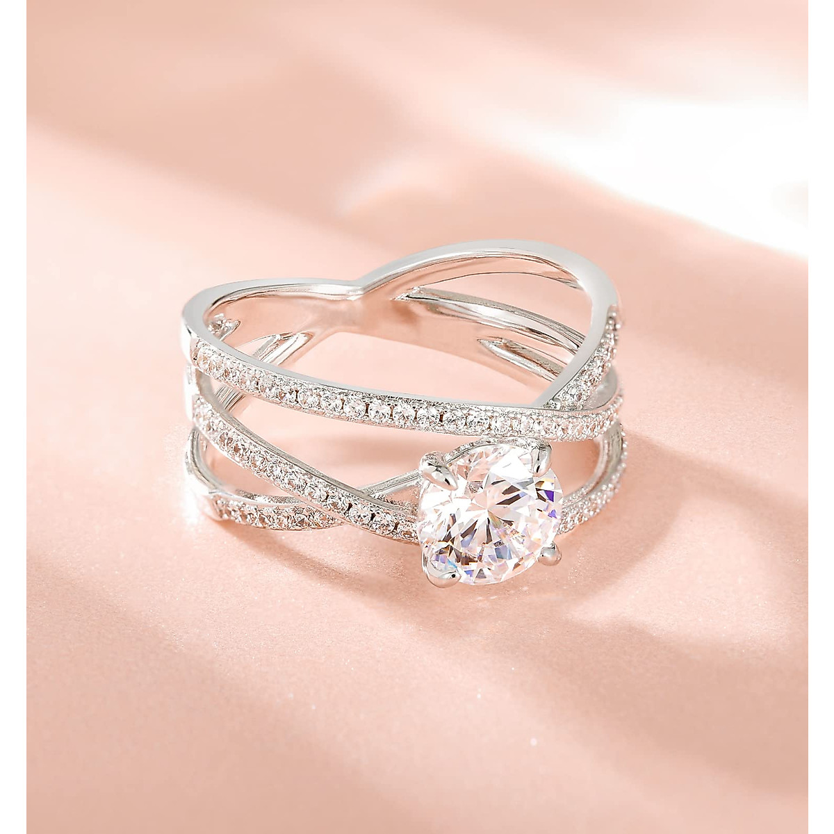 TIGRADE 2CT Criss Cross Promise Ring for Women Cubic Zirconia Engagement Ring CZ Statement Wedding Band Size 3-12, Silver, Size 8