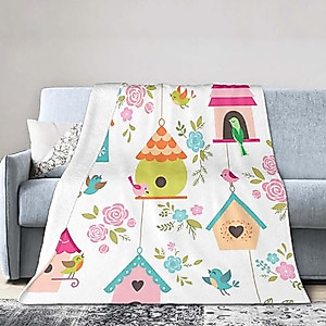 Throw Blanket 60x80 Inch,Floral Birds Houses Home Flannel Soft Cozy Fluffy Throw Blankets and Warm Throws for Adults in Couch Sofa Bed 60x50 Inch