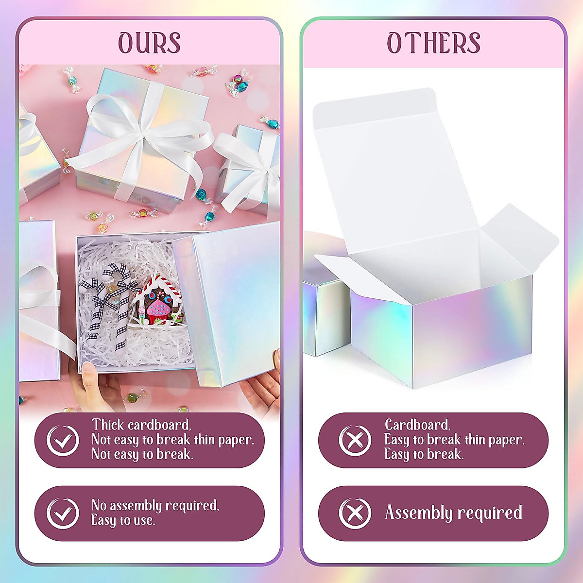 Fulmoon 5 Pcs Holographic Sliver Nesting Gift Boxes Square Gift Boxes with Lids Set 5 Assorted Sizes Laser Square Stacking Boxes with Ribbon for Wedding Festival Birthday Party Presents Keepsake