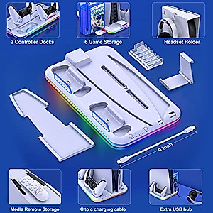 DINOSTRIKE RGB Light PS5 Stand and Cooling Station with Dual Controller Charging Station for Playstation 5 Console, PS5 Accessories for PS5 Console with Headset Holder, 6 Game Slots, Screw White