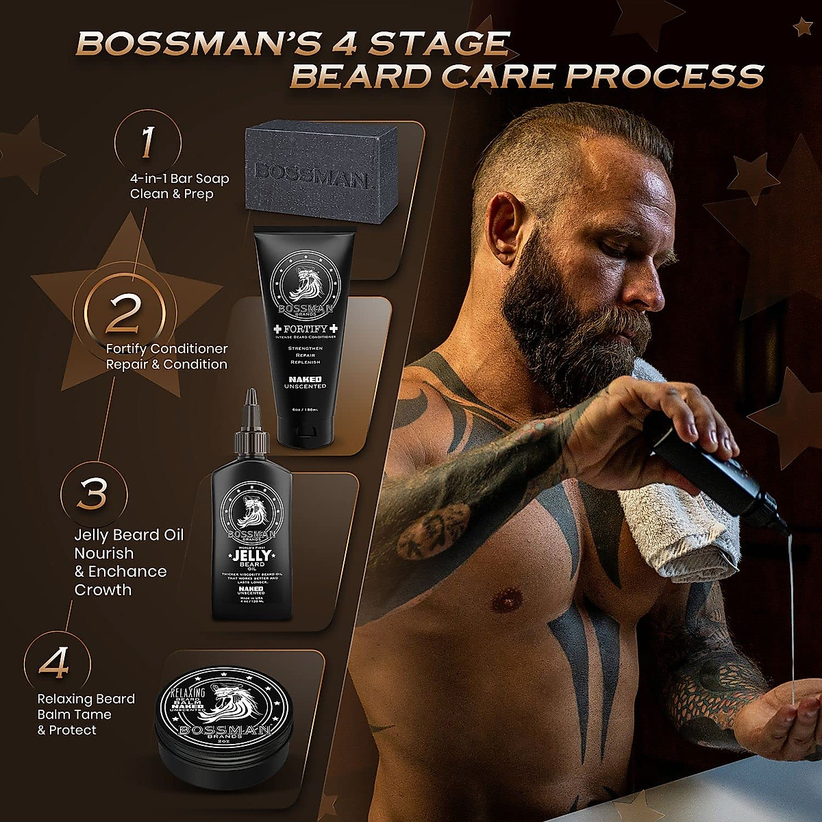 Bossman Fortify Intense Beard Conditioner - Shower Beard Wash, Moisturizer and Beard Softener for Men - Beard Growth Products - Made in USA (Naked Scent)