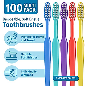 Blasting Health 100 Pack Disposable Medium Soft Bristles Bulk Toothbrushes - Individually Wrapped (Plain)
