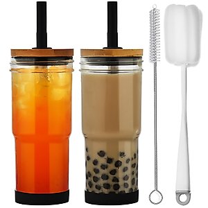 ALINK Glass Cups with Lids and Straws, 24 oz Mason Jar Drinking Glasses Tumbler with Silicone Boot, Tips, Brush, Reusable Iced Coffee Cups, Boba Tea Smoothie Cups - 2 Black