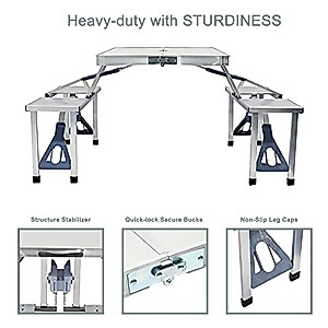 Carivia Aluminum Foldable Table Camping Picnic Folding Grilling Table w/ 4 Chairs Seats Umbrella Hole Fold Up Suitcase Table for Travel Picnic Camping BBQ Party