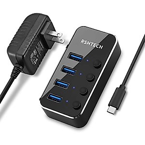 Powered USB hub RSHTECH 4 Port USB C to USB 3.0 Port Hub Expander Aluminum Portable USB 3.0 hub Splitter with 5V AC Adapter and Individual On/Off Switches (RSH-516-C)