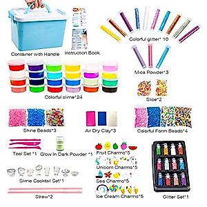 FINOCLAY Slime Kit for Boys Girls, Over 100 Accessories with 24 Non Sticky Premade Slimes in Gift Container, Galaxy, Unicorn Fluffy, Glow in Dark, Glitter, Charms, Fidget Pack Slime Set Party Toy