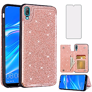 Asuwish Phone Case for Huawei Y7 2019/Y7 Prime 2019/7Y Pro Wallet Cover with Screen Protector and Card Holder Stand Bling Glitter Leather Cell Accessories Hawaii Enjoy 9 Dub-LX3 Women Girls Rose Gold