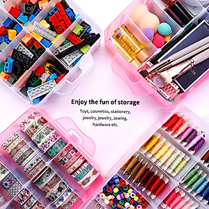 SGHUO 3-Tier Pink Craft Storage Container, Stackable Organizer Box with Dividers for Art Supplies, Beads, Washi Tapes, Seed, Hair Accessories, Nail, 9.5X6.5X7.2in
