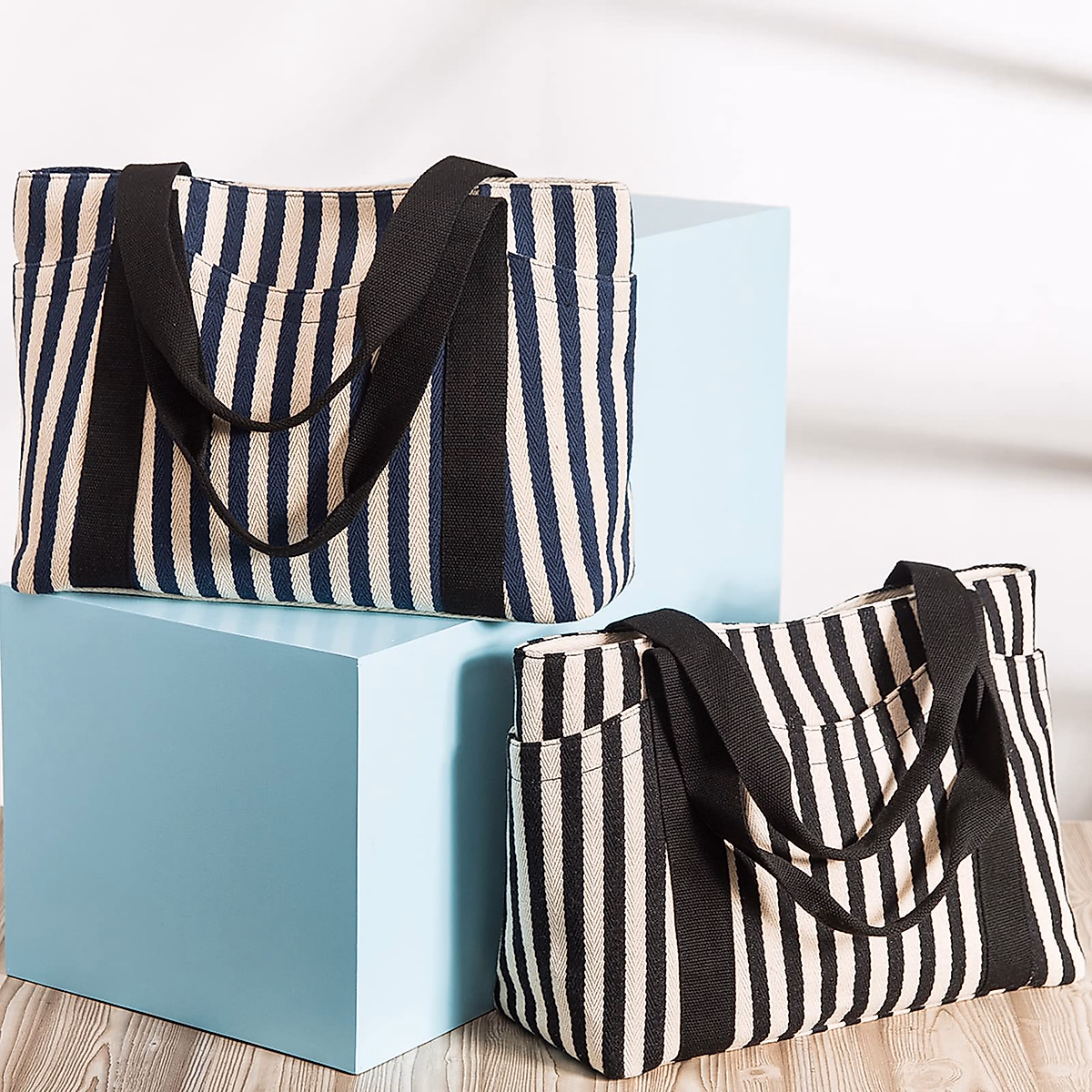 AONIJIE Canvas Work Tote Bag for Women, Medium Teacher Shoulder Bag, Lightweight Handbag Purse with Zipper Fit 13.3 Inch Laptop, Black Strip