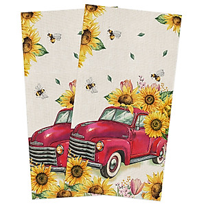 KID99inner Kitchen Towels Sunflower Red Truck Summer Bee Absorbent Tea Towel Soft Hand Dish Towel Retro Reusable Washable Cleaning Cloth for Bathroom Bar for Everyday Cooking (Pack of 2)