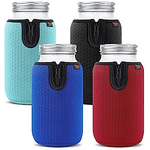 Desing Wish 64 oz Wide Mouth Mason Jar Neoprene Sleeve, 64oz Non-slip Cozy Insulated Glass Jars Protector Holder Sleeves 4.3 x 7.5 Inches - 4 Pack (Black/Red/Blue/Cyan)