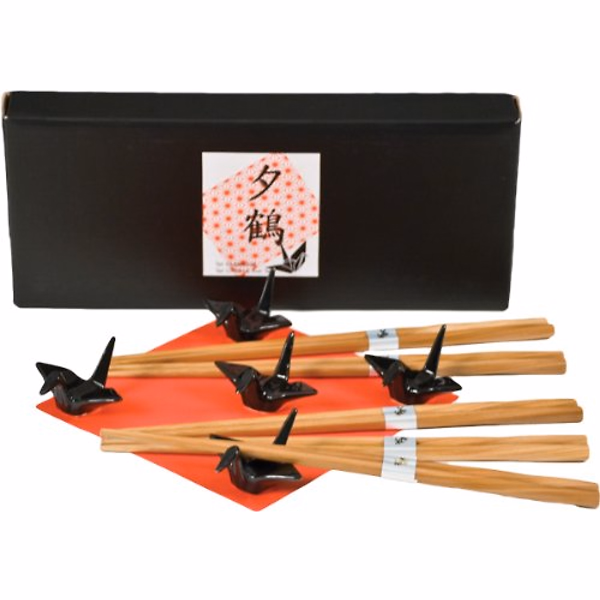 Fuji Merchandise 5 piece Crane Chopstick Set with Rests Black