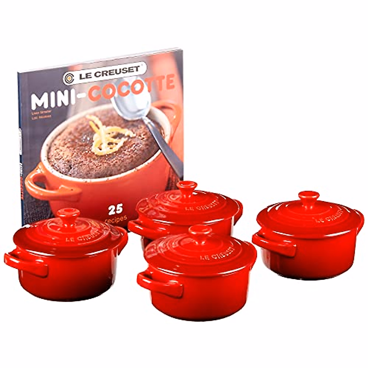 Le Creuset Stoneware Set of 4 Mini Cocottes with Cookbook, 8 oz. each, Cerise