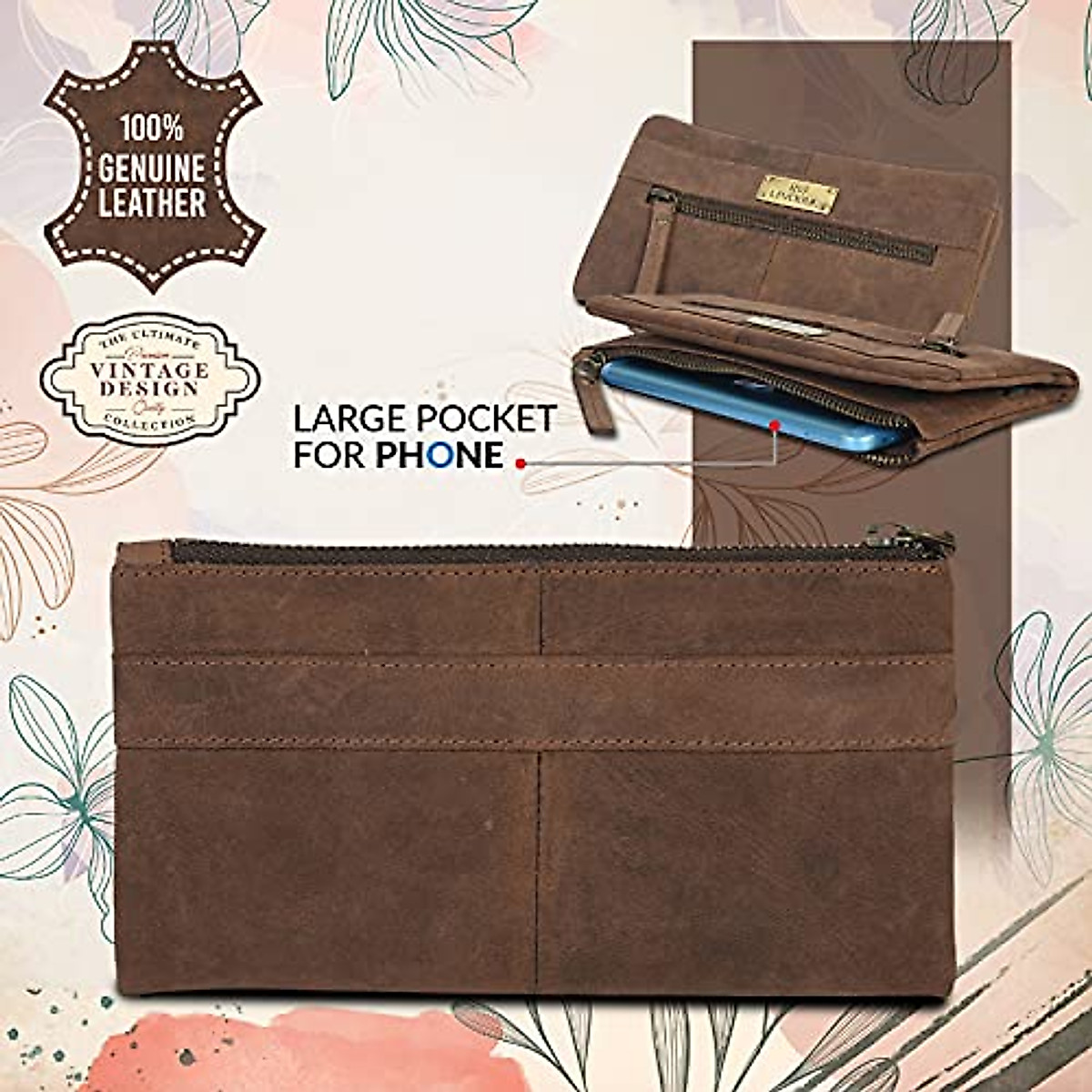 LEVOGUE RFID Soft Flexible Leather Wallet for Women-Credit Card Slots, Mobile case Coin Purse with ID Window - Handmade by VALENCHI (Brown Vintage)