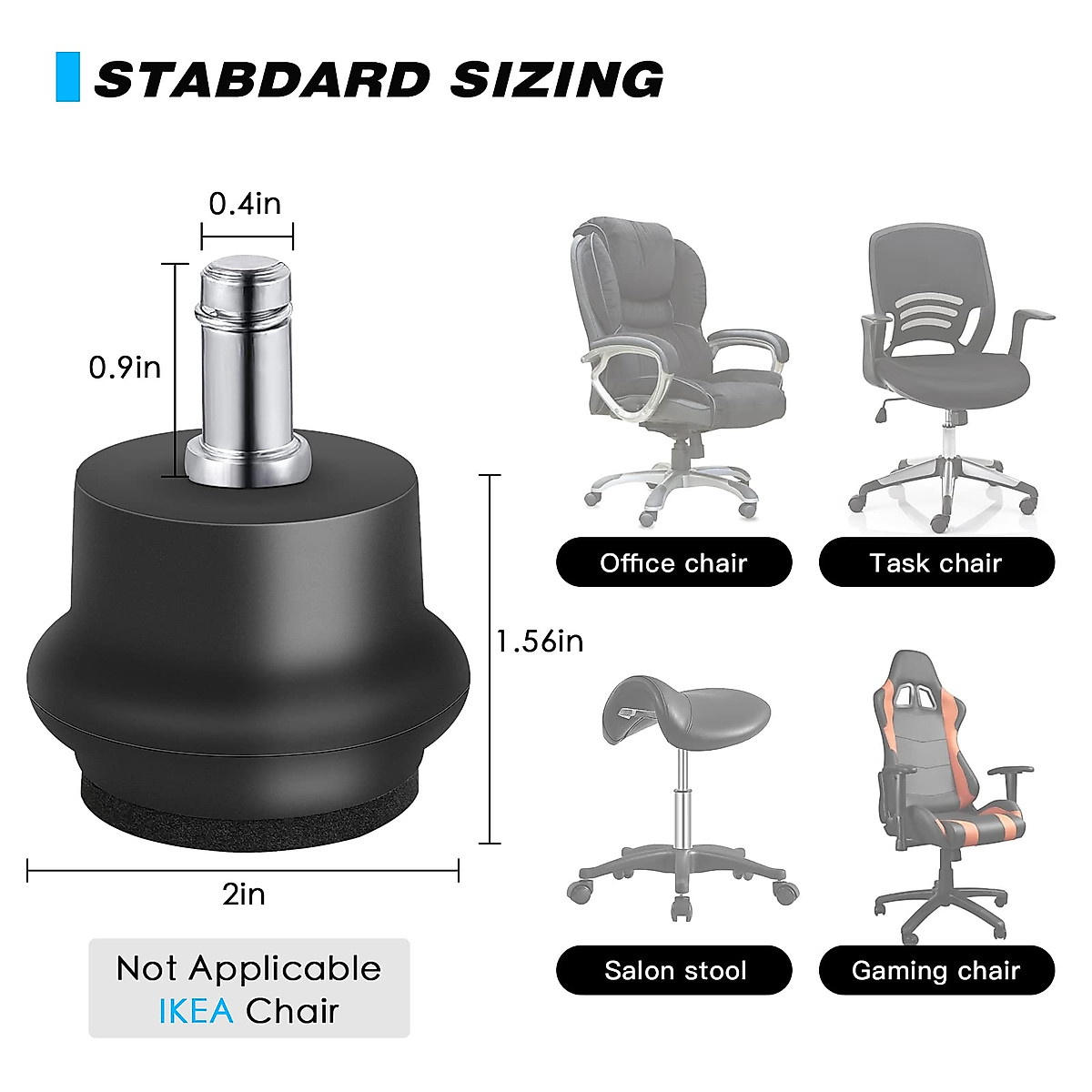 Bell Glides Replacement Office Chair or Stool Swivel Caster Wheels to Fixed Stationary Castors, Office Chair Wheels for Carpet - with Separate Self Adhesive Felt Pads/Chair Feet Wheel Stopper
