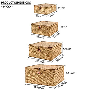Ruosuruosu Cube Stackable Storage Bins Lids,Wicker Woven Storage Baskets Shelves,Set 4 Seagrass Storage Boxes,Rattan Storage Containers Organizing,Clothes,Toys,Books Cluttered Small Items Honey Brown