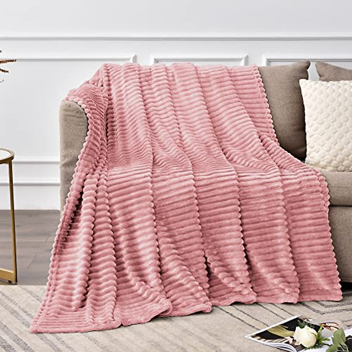 BEDELITE Fleece Throw Blanket for Couch – 3D Ribbed Jacquard Soft and Warm Decorative Spring Blankets – Cozy, Fuzzy, Fluffy, Plush Lightweight Pink Throw Blankets for Bed, Sofa, 50x60 inches