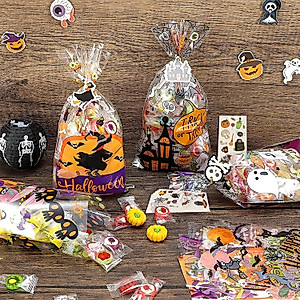 Halloween Candy Bags Treats Bags, 200 PCS Halloween Cellophane Bags for Kids Treat or Trick Party Supplies, 8 Styles Halloween Goodies Bags Gift Bags with Tattoo Stickers for Halloween Party Favors