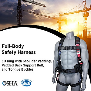 AFP Fall Protection Full-Body Premium American Flag Safety Harness, Vented & Padded Shoulder, Legs & Back, 8” Thick Back Support Belt, Aluminum D-Rings, Tongue Buckle, Quick Release (OSHA/ANSI PPE)