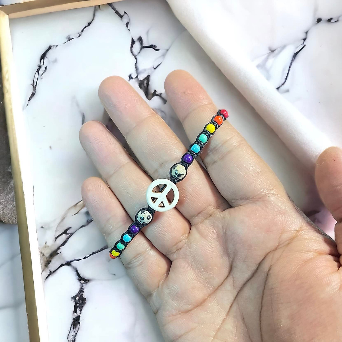 Nove Jewelry Leather Peace Sign Hemp Bracelet - Handmade Bracelet - Adjustable Bracelet (Raibbow White)